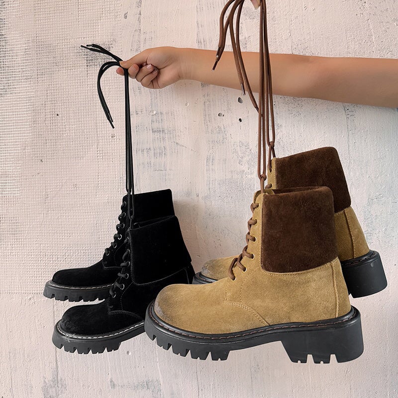 Women's Cow Suede Lace-Up Martin Boots Colorblock Ankle Combat Boots i ...