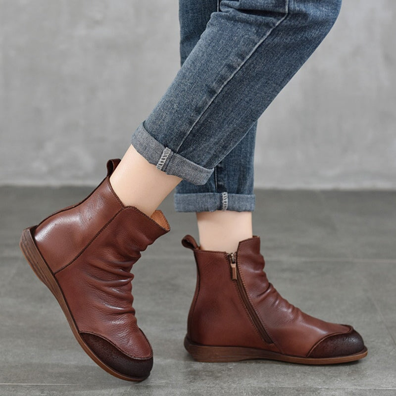 Wrinkled Leather Chelsea Boots For Women Soft Ankle Boots Retro Round ...