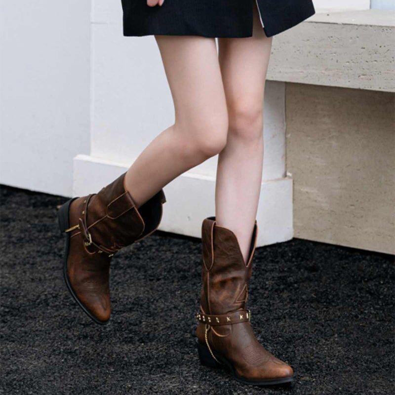 Embroidered Rivet Western Boots Mid Calf Boots Block Heel - Black/Brow ...