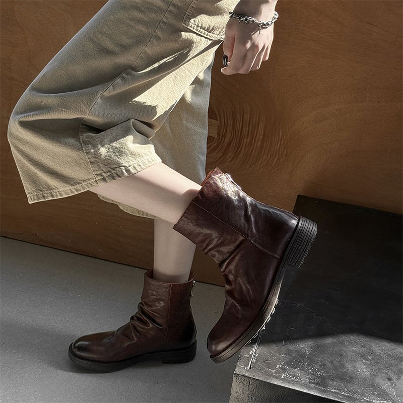 Vintage Handmade Wrinkled Leather Short Boots for Women Back Zip Slouc ...