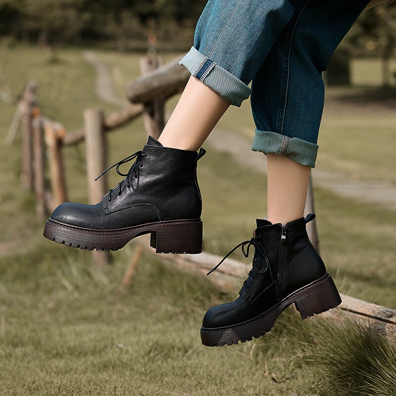 50mm Platform Boots Lace up Leather Martin Boots Handmade Big Toe Comb ...