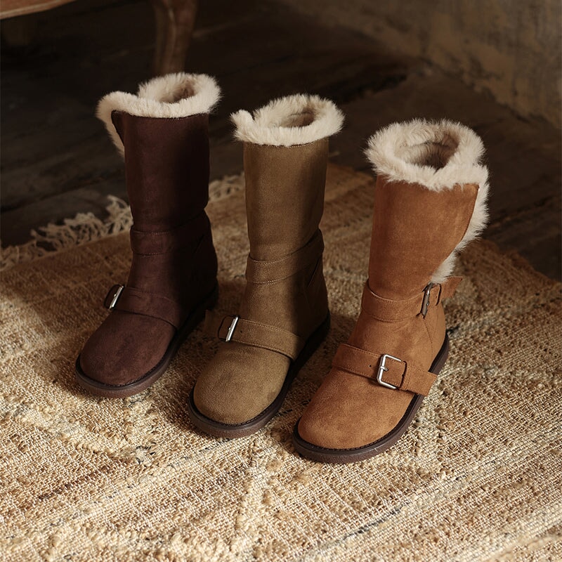 Foldable Suede Leather Mid Calf Snow Boots with Double Buckles in Coff ...