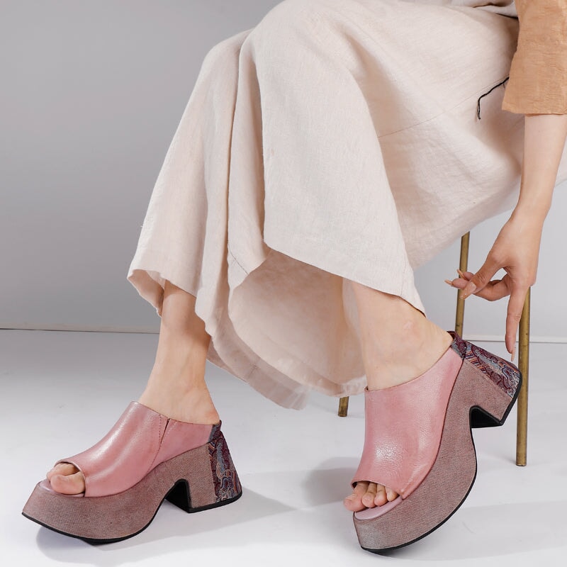 Handmade Cowhide Platform Peep Toe Slippers Lace up High Heel Sandals ...