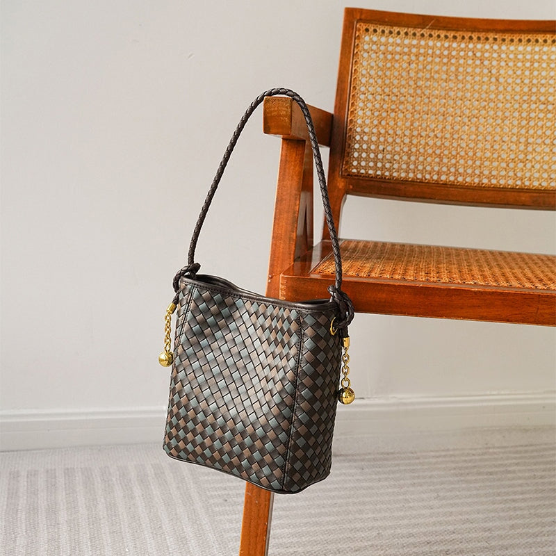 Handmade Woven Bucket Bag Vintage Sheepskin Checkerboard Shoulder Bag ...