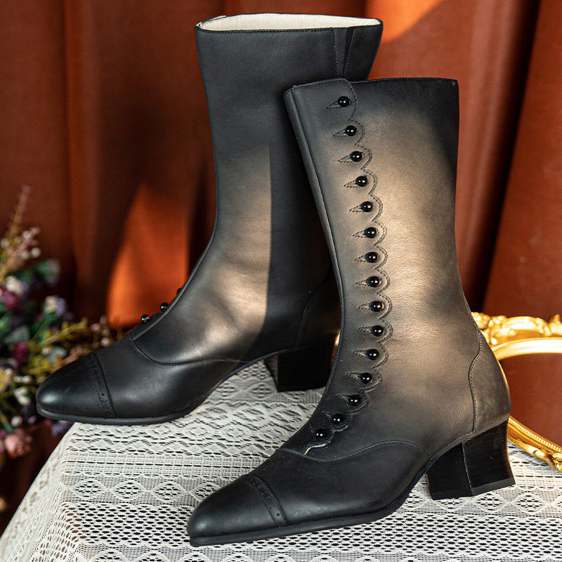 Vintage Handmade Edwardian Button Boots for Women Leather Mid-Calf Bro ...