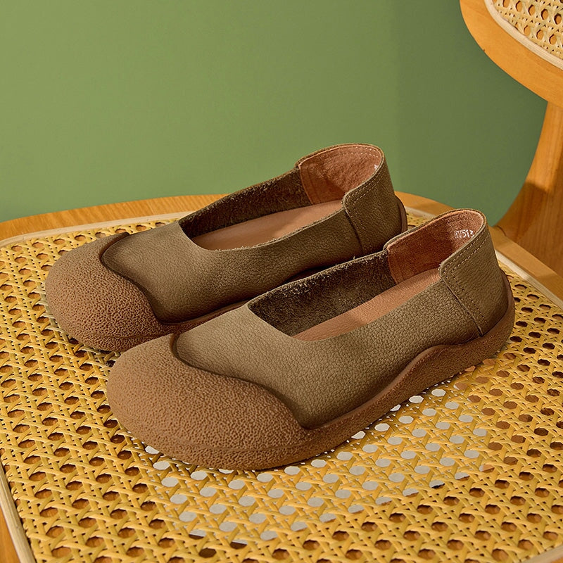 Women's Cow Leather Slip-On Loafers Casual Rubber-toe Flats in Khaki ...
