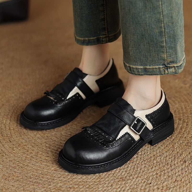 British Style Cowhide Derby Shoes for Women with Metal Buckle Round To ...