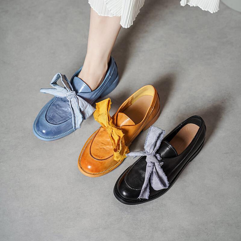 Classic British Style Horse Leather Loafers with Bow Tie Design Black ...