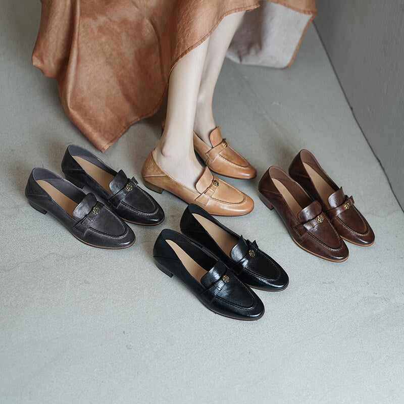 British Style Washed Horse Leather Penny Loafers with Metal Camellia B ...