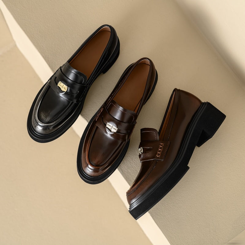 Retro Japanese Cowhide Mid Heel Penny Loafers with Coin Design Black/B ...