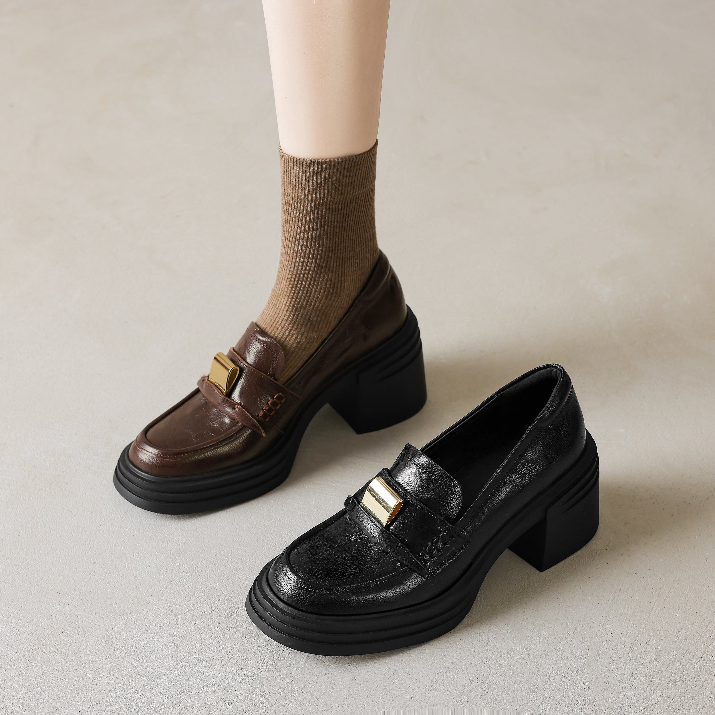 Retro Round-Toe 65mm Block Heel Sheepskin Penny Loafers with Metal Dec ...