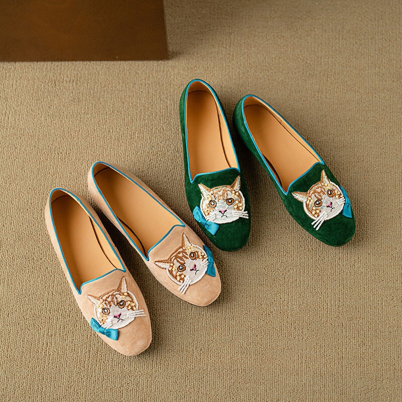 Suede Sheepskin Loafers for Women Embroidery Cat in Green/Apricot ...