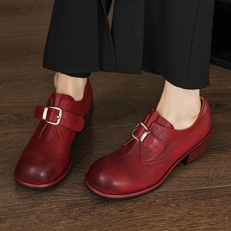 British Style Horse Leather Loafers for Women with Metal Buckle Round ...