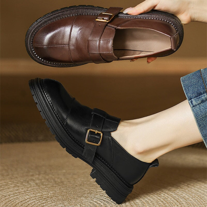 Preppy Style Leather Low Cutter Loafers with Buckle Soft in Coffee/Bla ...