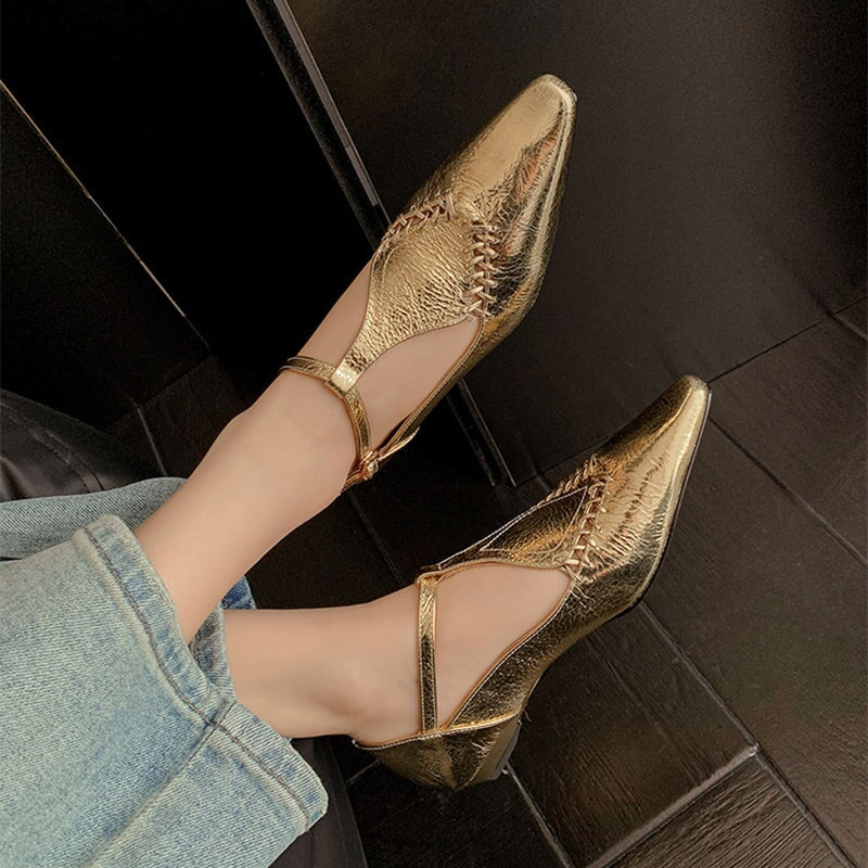 Vintage Pointed-Toe T-Strap Sheepskin Mary Jane Flats with Hollow-Out ...