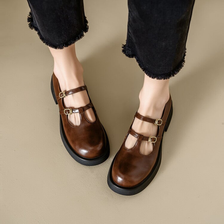 Leather Double T Strap Mary Jane Shoes Round Toe 35mm Block Heel in Br ...
