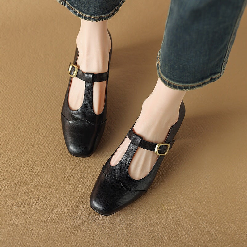 60mm Block Heel Cap Toe Leather Mary Jane T-strap Shoes in Black/Brown ...