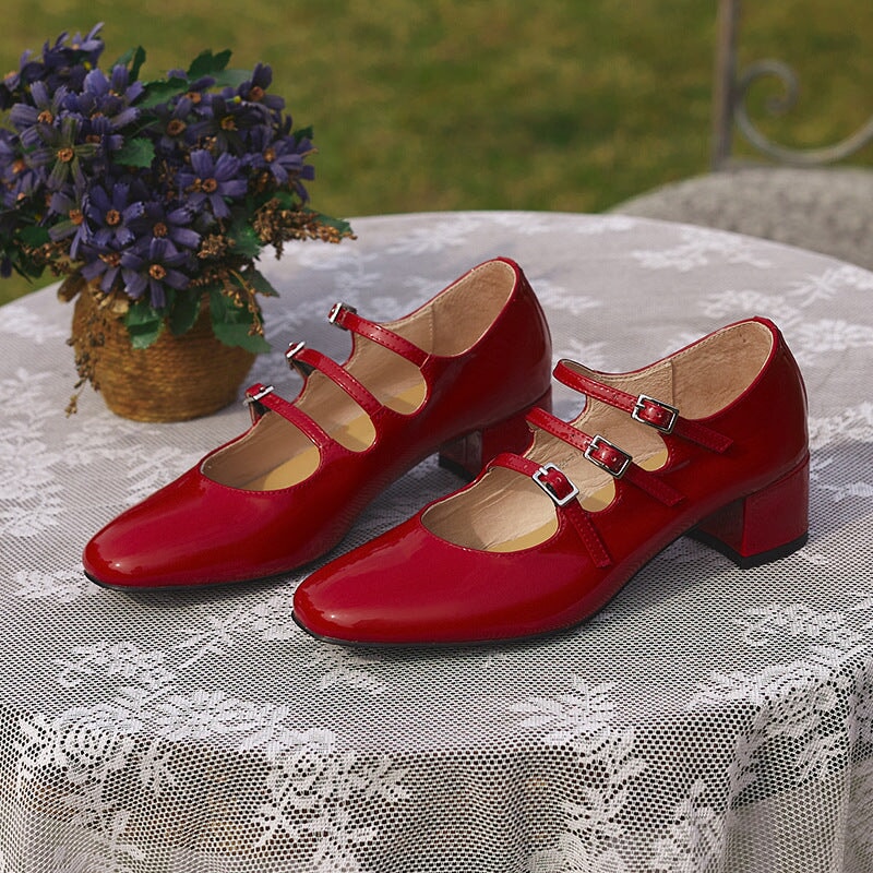 Patent Leather Mary Jane Pumps Triple-strap 40mm Block Heel in Red/Bla ...