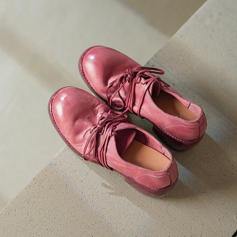 Horse Leather Classic Round Toe Oxfords For Women 50mm Block Heel Derb ...