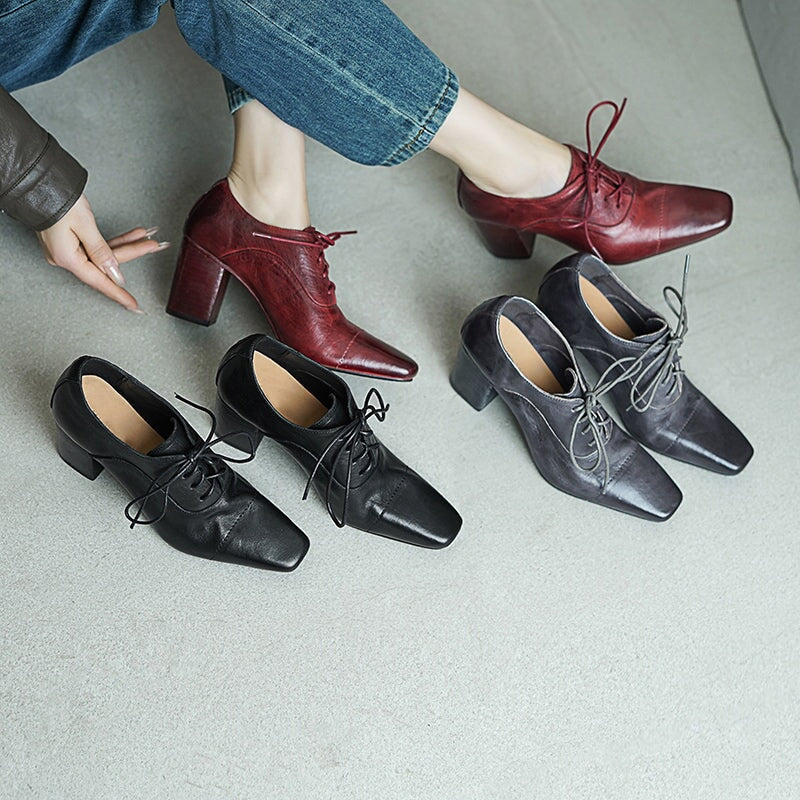 Elegant Washed Horse Leather Square Toe Lace-Up 65mm Block Heel Oxford ...