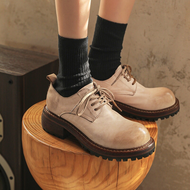 Horse Leather Chunky Oxfords for Women Round Toe Derby Shoes in Brown ...