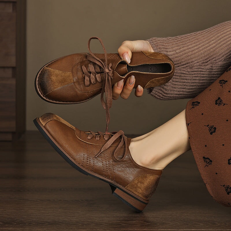 Natural Leather Derby Shoes For Women Low Block Heel Normal Fit in Bro ...