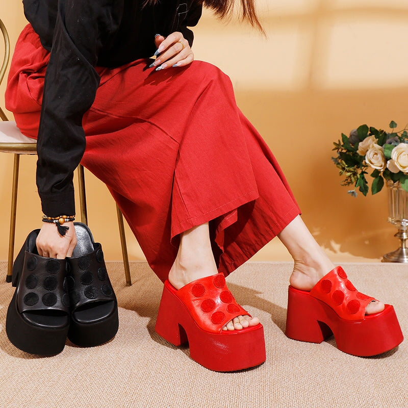 Chunky 110mm Platform Open-Toe Leather Slippers with Polka Dot Design ...