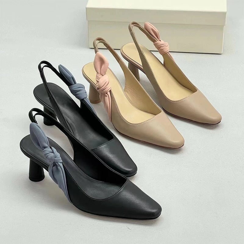 Genuine Leather 60mm Slingback Pumps Almond Toe Cone Heel in Apricot/B ...