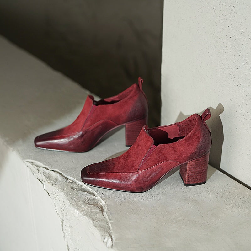70mm Block Heel Washed Horse Leather Square Toe Slip-On Pumps in Red/B ...