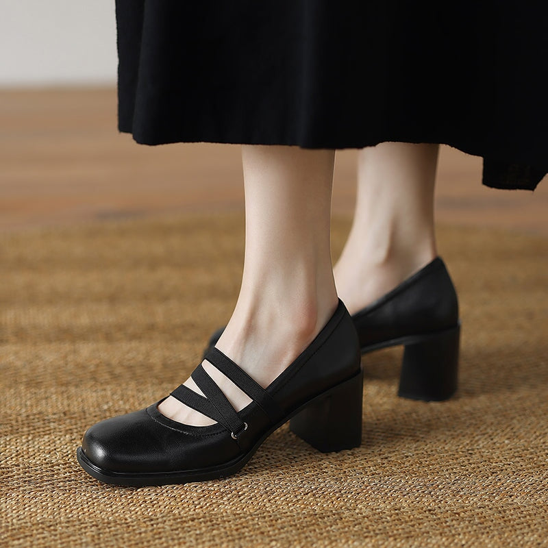 Elegant Strappy Sheepskin Square Toe Pumps with 65mm Block Heel in Bla ...