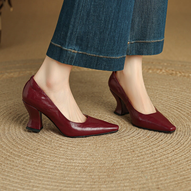Elegant Handmade Almond Toe Trumpet Heel Leather Pumps for Women in Bl ...