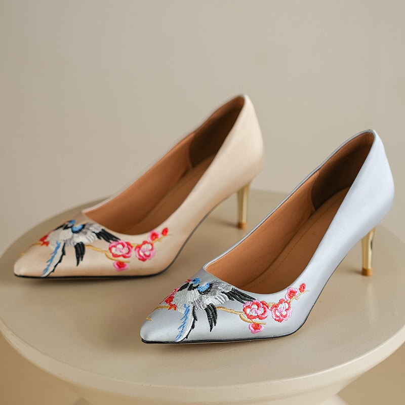 Elegant Embroidered Silk 65mm Stiletto Heels Pointed Toe Dress Pumps i ...