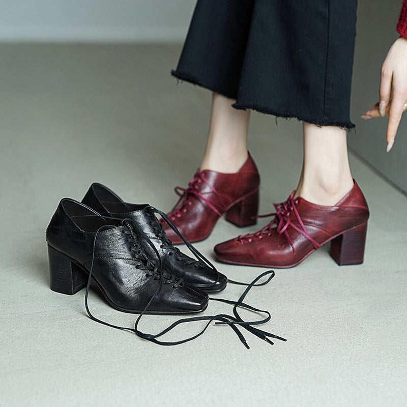 70mm Block Heel Washed Horse Leather Ballet-Inspired Lace-Up Pumps in ...