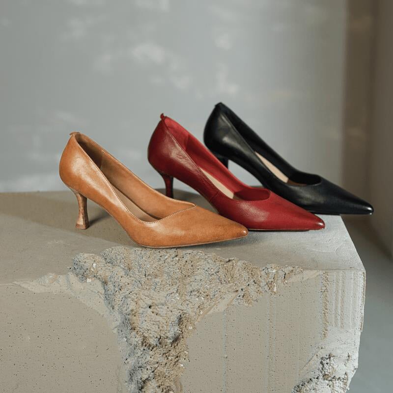 Women's Horse Leather Point Toe Pumps 65mm Heel In Red/Apricot/Black F ...