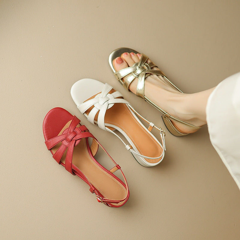 Leather Muti Strap Gladiator Sandals with Pearl Decorate Block Heel in ...