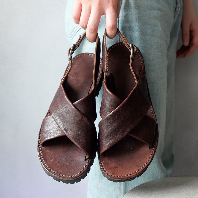 Hand Stitching Horse Leather Gladiator Sandals For Women X Strap Peep ...