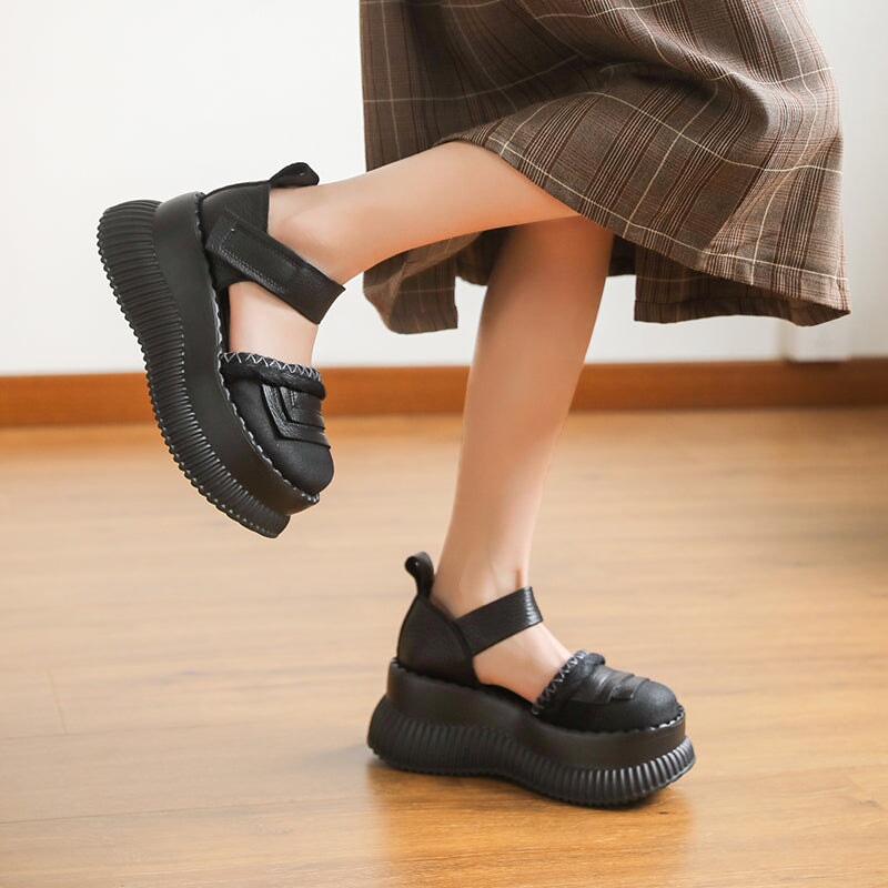 Genuine Leather 70mm Platform Cut Out Touch-strap Sandals For Women in ...