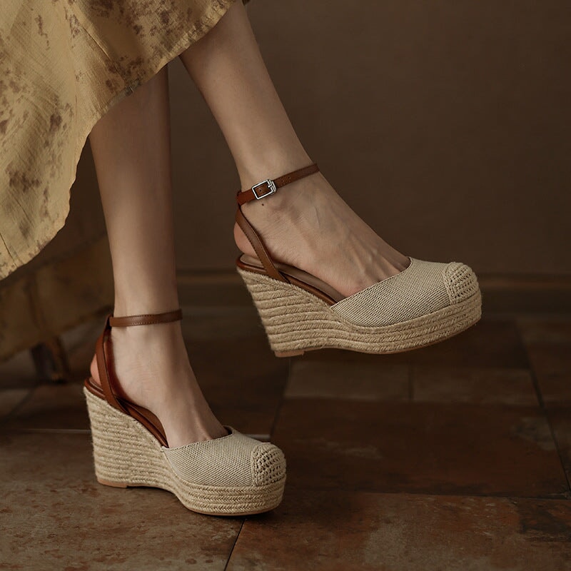 100mm Slingback Espadrille-Wedge Leather Sandals Ankle Strap in Aprico ...