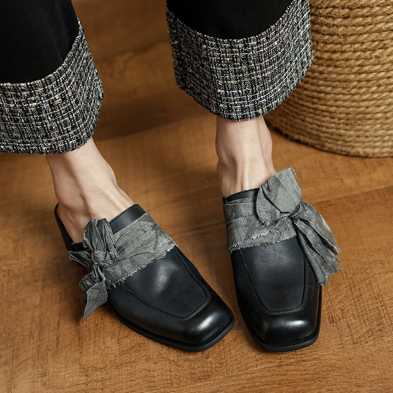 Retro Cow Leather Bow Tie Mules Square Toe Slippers for Women in Black ...