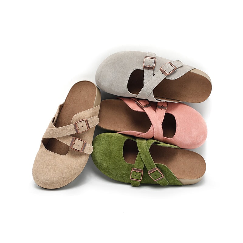 Dwarves Handmade Soft Suede Leather Clog Slippers with Cross Buckle St ...