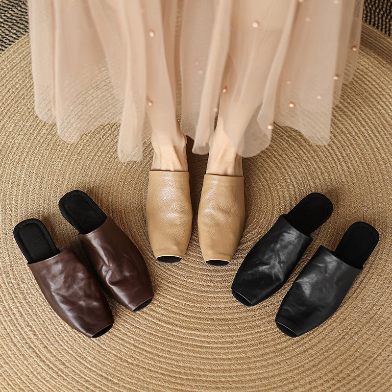 Casual Peep Toe Leather Minimalist Mule Slippers in Black/Brown/Aprico ...