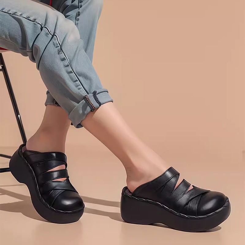 Custom Color Handmade Cowhide Platform Mule Slippers Wedge Sandals in ...