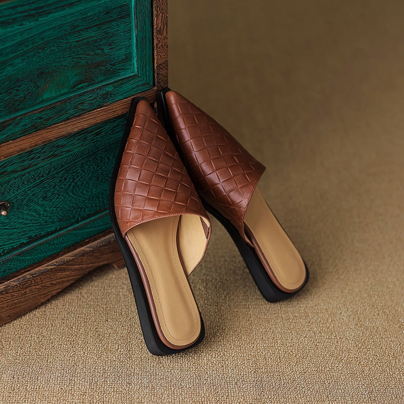 Vintage Woven Pointed Toe Leather Mules Flat Backless Slippers for Wom ...