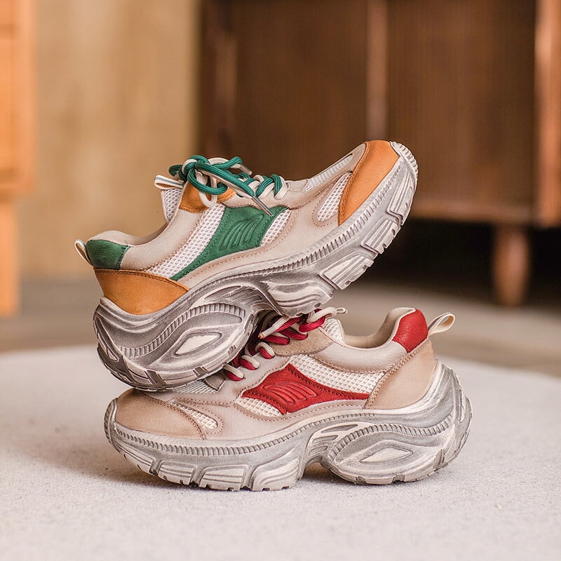 Women's Chunky Low-top Dad Sneakers Color-Block Cow Leather Casual Spo ...