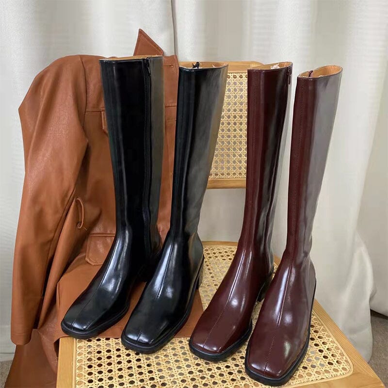 Riding Boots for Women in Black/Red Leather - Chunky Sole Tall Boots S ...