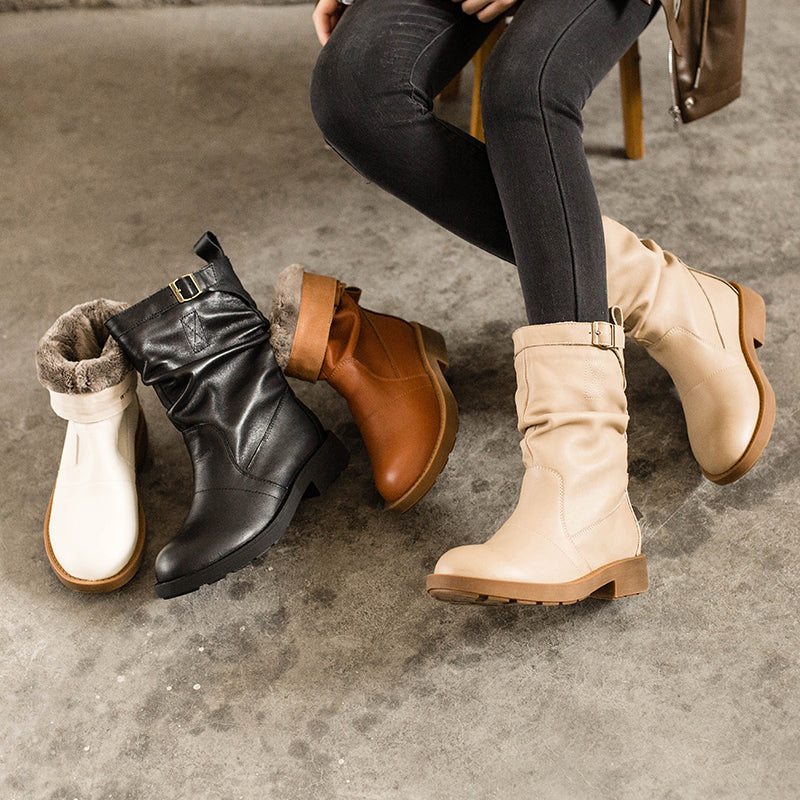 Soft Leather Mid Calf Boots Fold Design Riding Boots Short Plush Lined ...