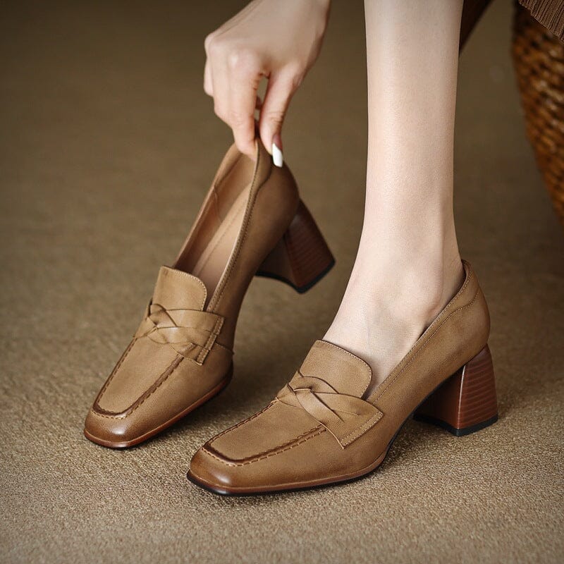 Women's Handmade Retro Square-Toe Block-Heel Loafers in Apricot/Yellow ...