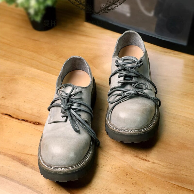 Round Toe Derby Shoes For Women Goodyear Horse Leather Lace Up Oxfords ...