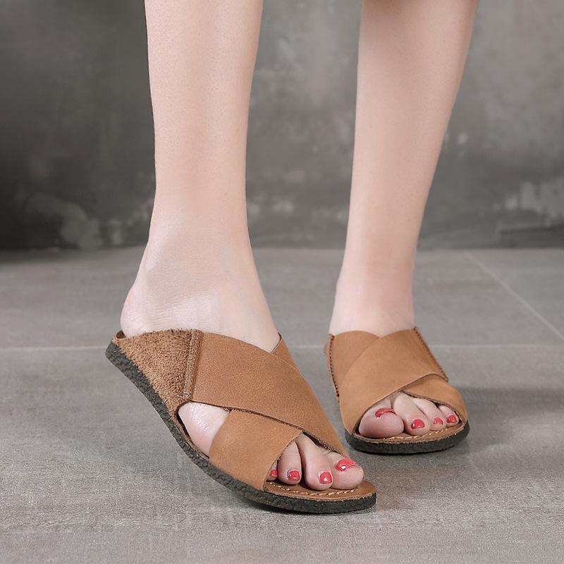 Handmade Cowhide Sandals Soft Leather Comfy Casual Slippers Coffee/Apr ...