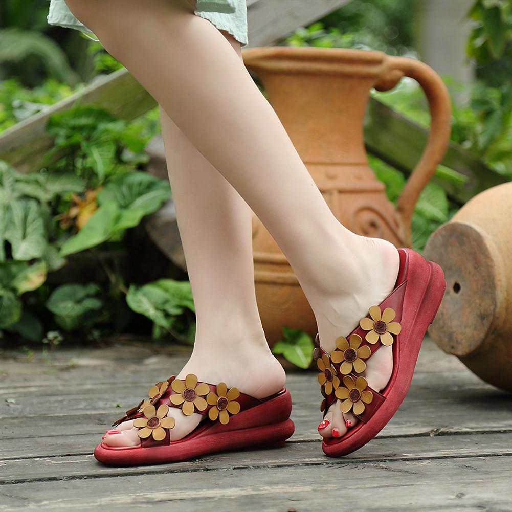 Handmade Retro Leather Flowers Slippers Open Toe Platform Sandals Coff ...